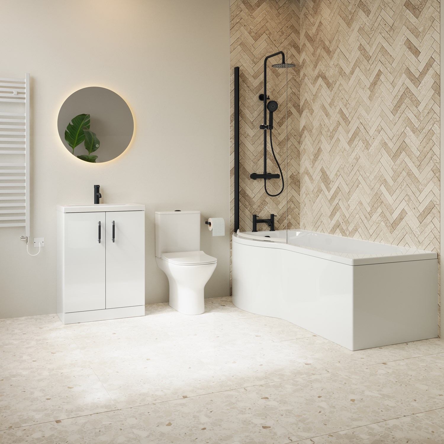 Erin Complete Matt Black Bathroom Suite with 1700mm P Shaped Shower ...