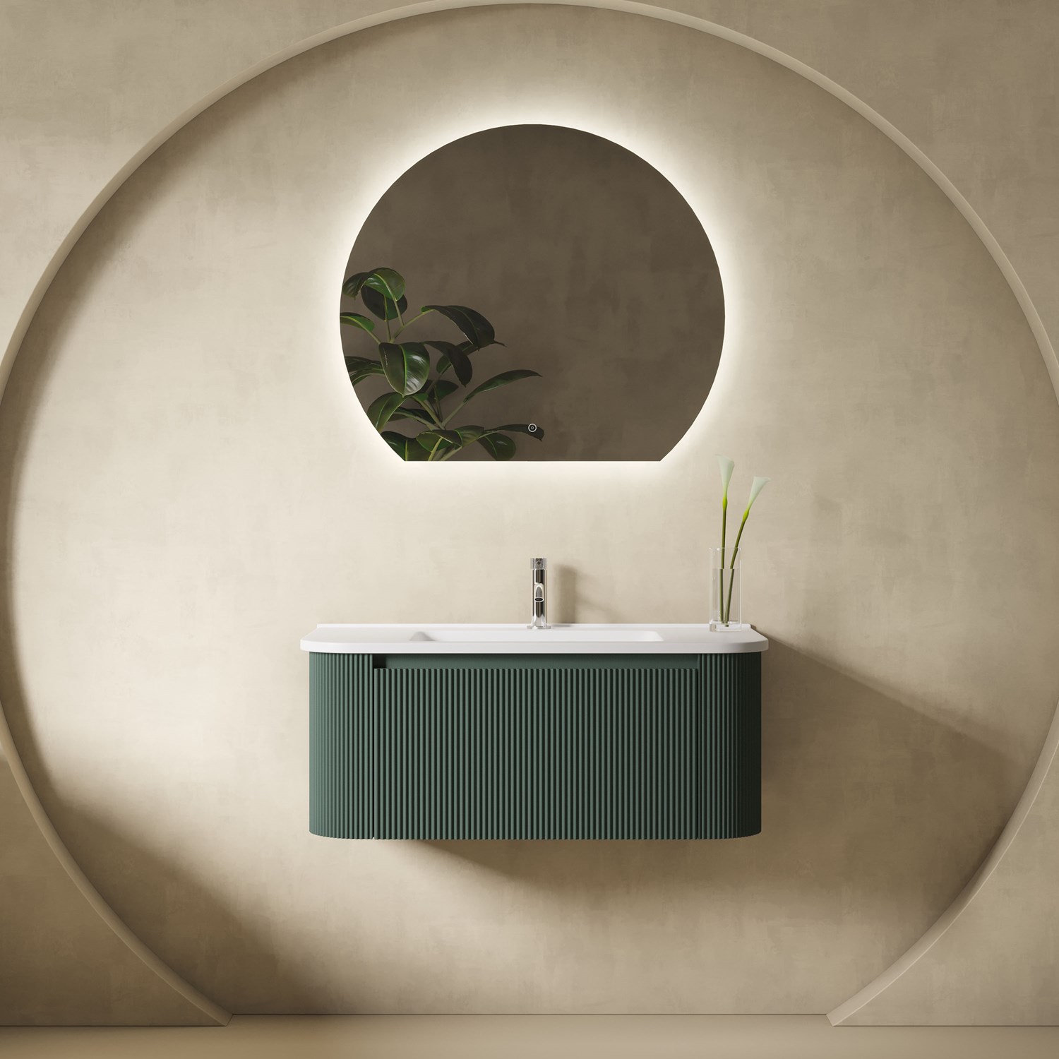 Drench Groove 870mm Fluted Wall Hung Curved Vanity Unit & Matt Stone ...