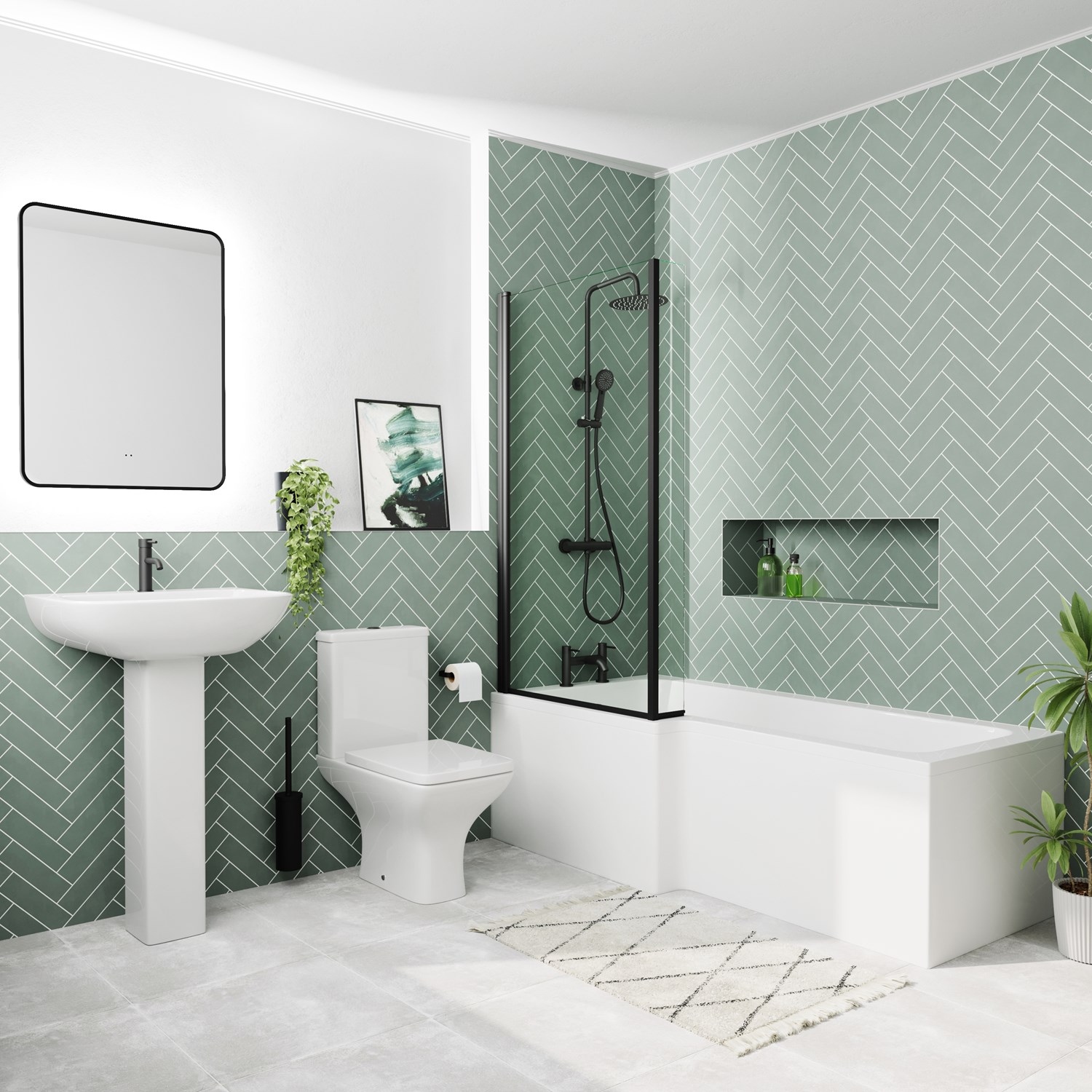 Emily Matt Black Shower Bath Suite with 1700mm L Shaped Bath & Rimless ...