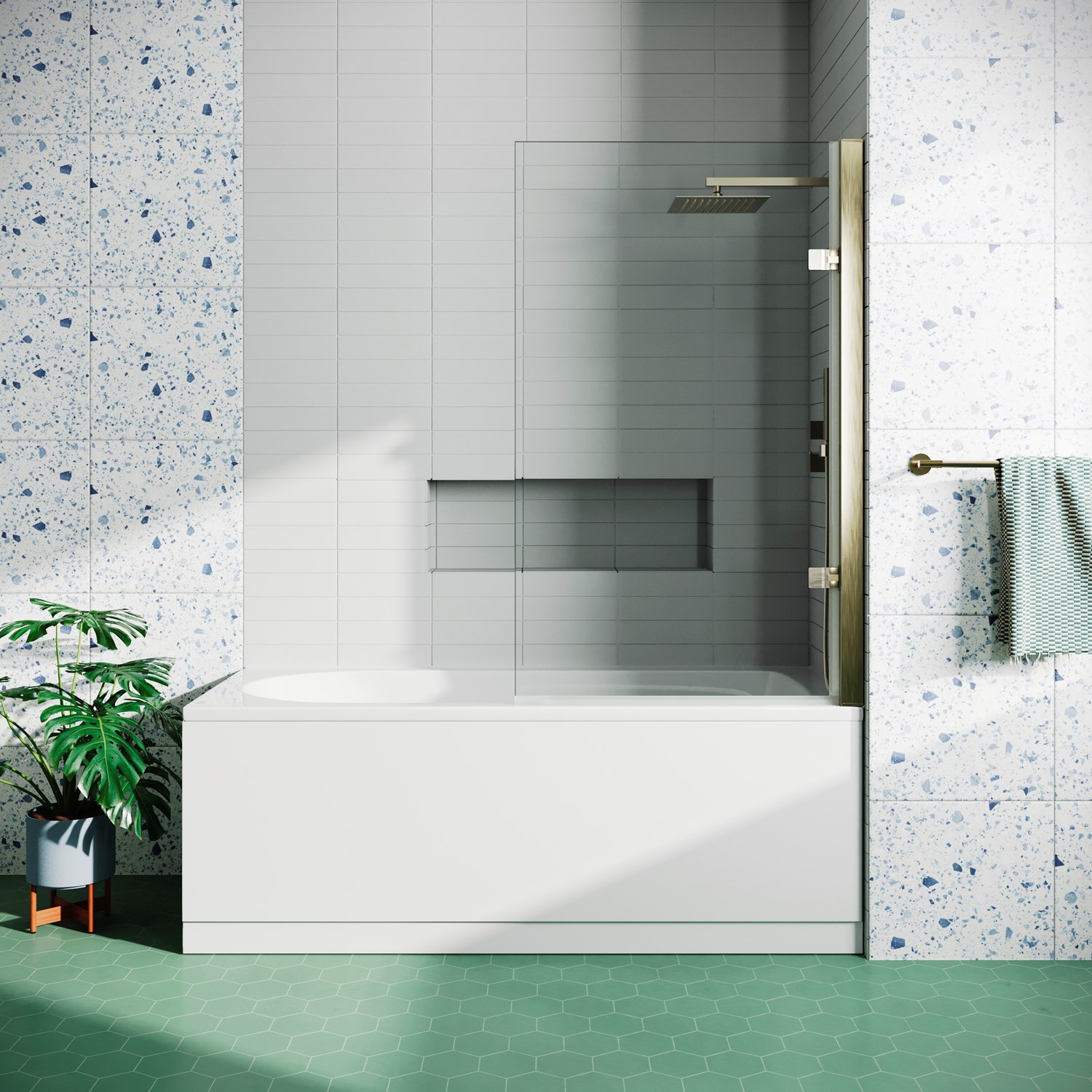 Drench Straight Single Ended Curved Bath & Brushed Brass Shower Screen ...