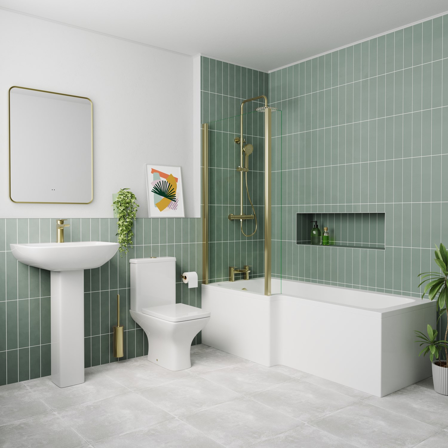 Emily Complete Brushed Brass Bathroom Suite with 1700mm L Shaped Shower ...