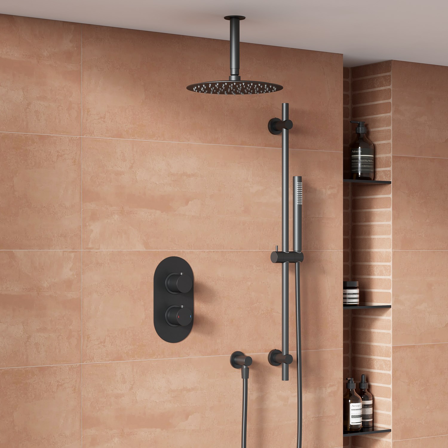 Harbour Clarity Gunmetal Shower Package with 2 Outlet Valve, Fixed Head ...