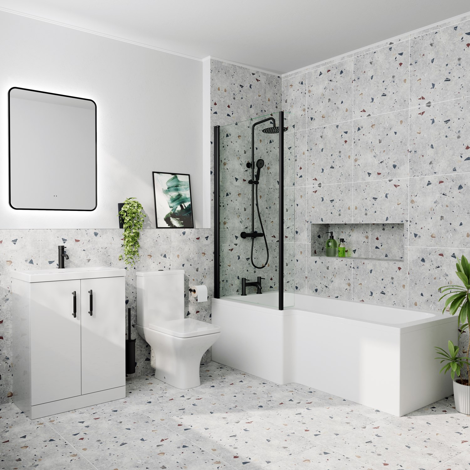 Erin Matt Black Shower Bath Suite with 1700mm L Shaped Bath & Rimless ...