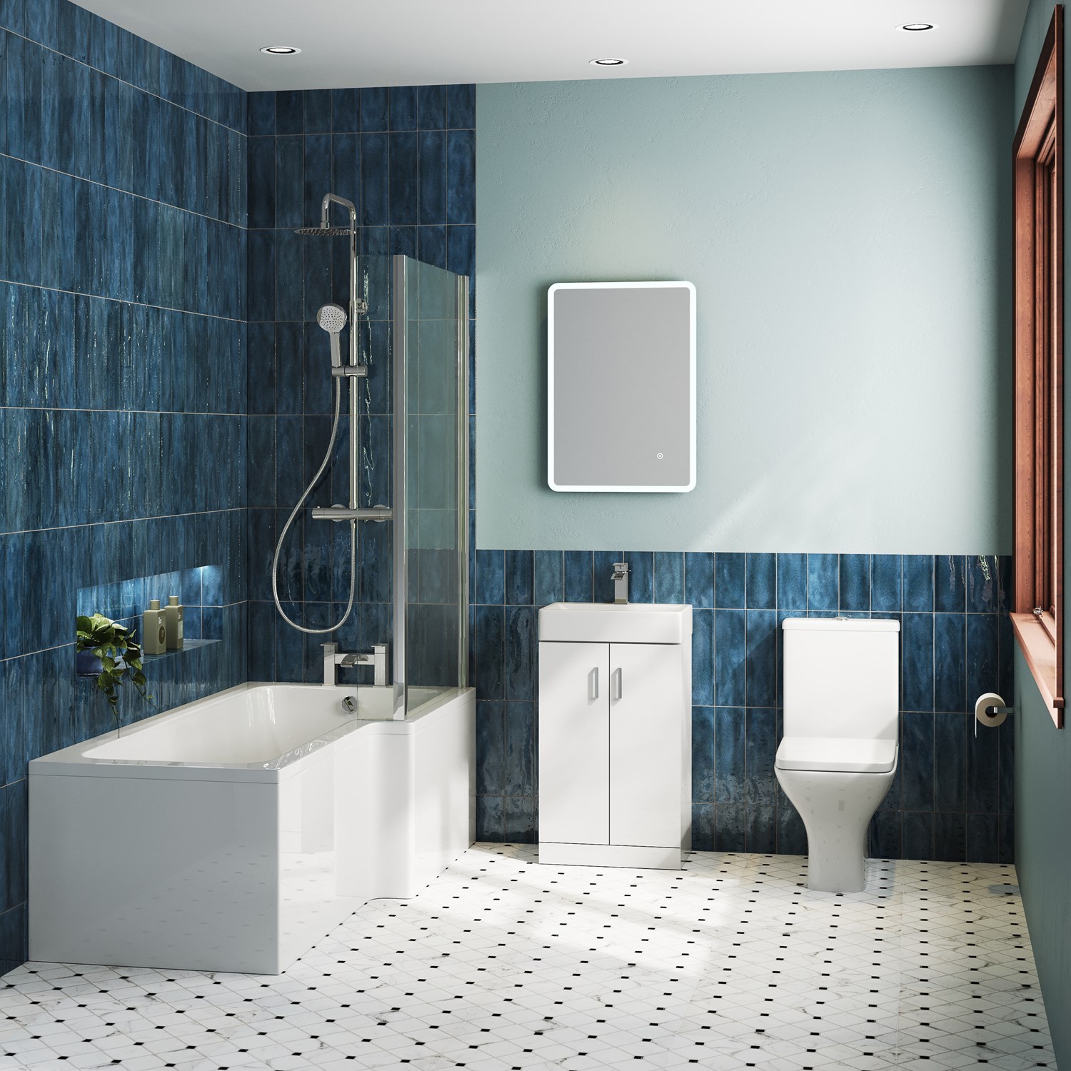 Jack Complete Bathroom Suite with 1700mm L Shaped Shower Bath & Rimless ...