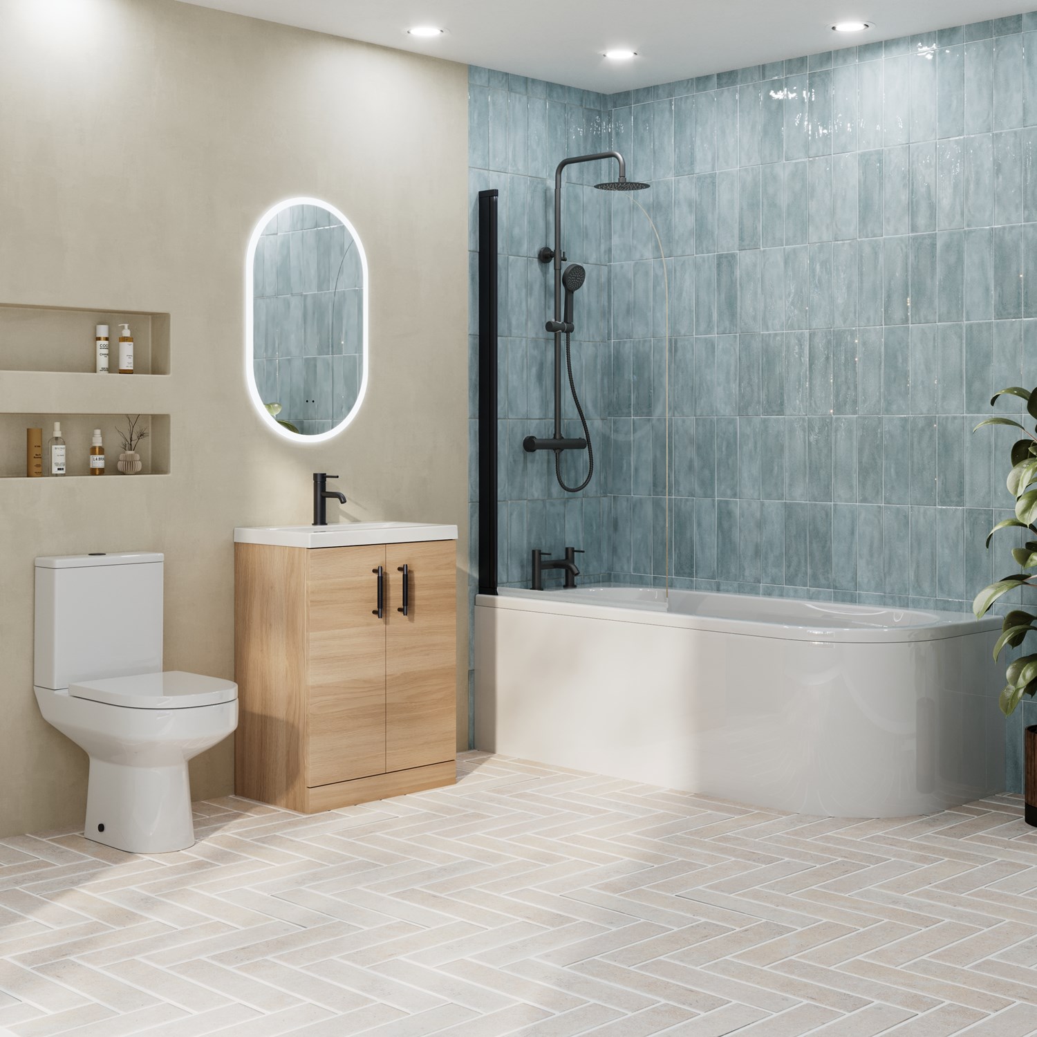 Erin Matt Black Shower Bath Suite with 1700mm J Shaped Bath & Rimless ...