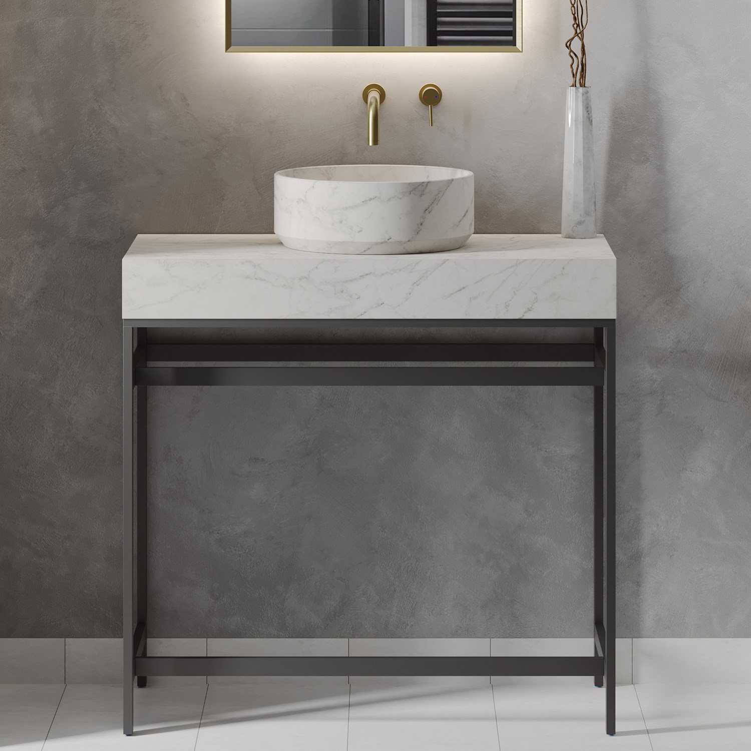 Harbour 800mm Venato White Marble Worktop with Matt Black Frame | Drench