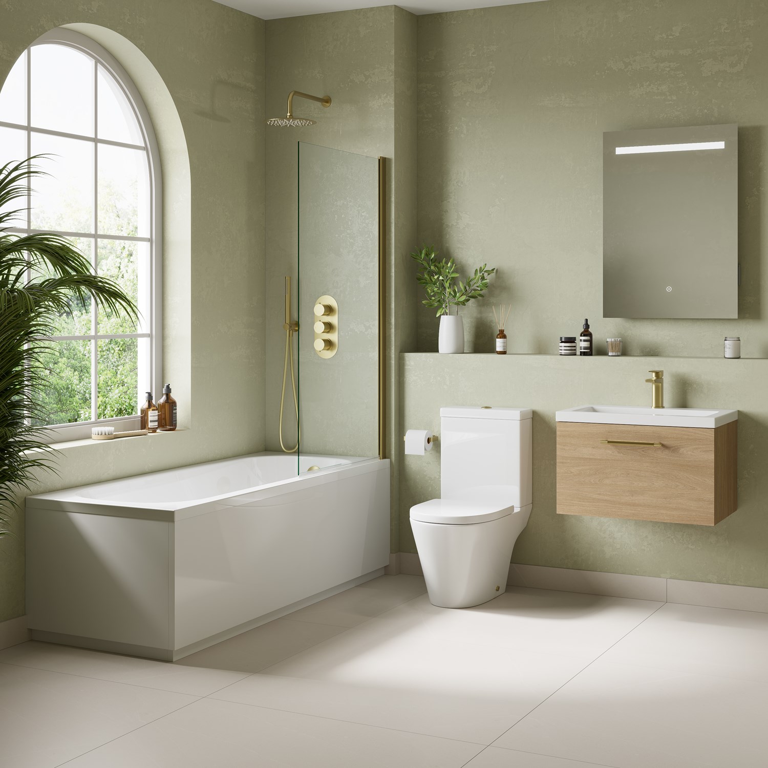 Freddie Brushed Brass Reinforced Shower Bath Suite with Rimless Toilet ...