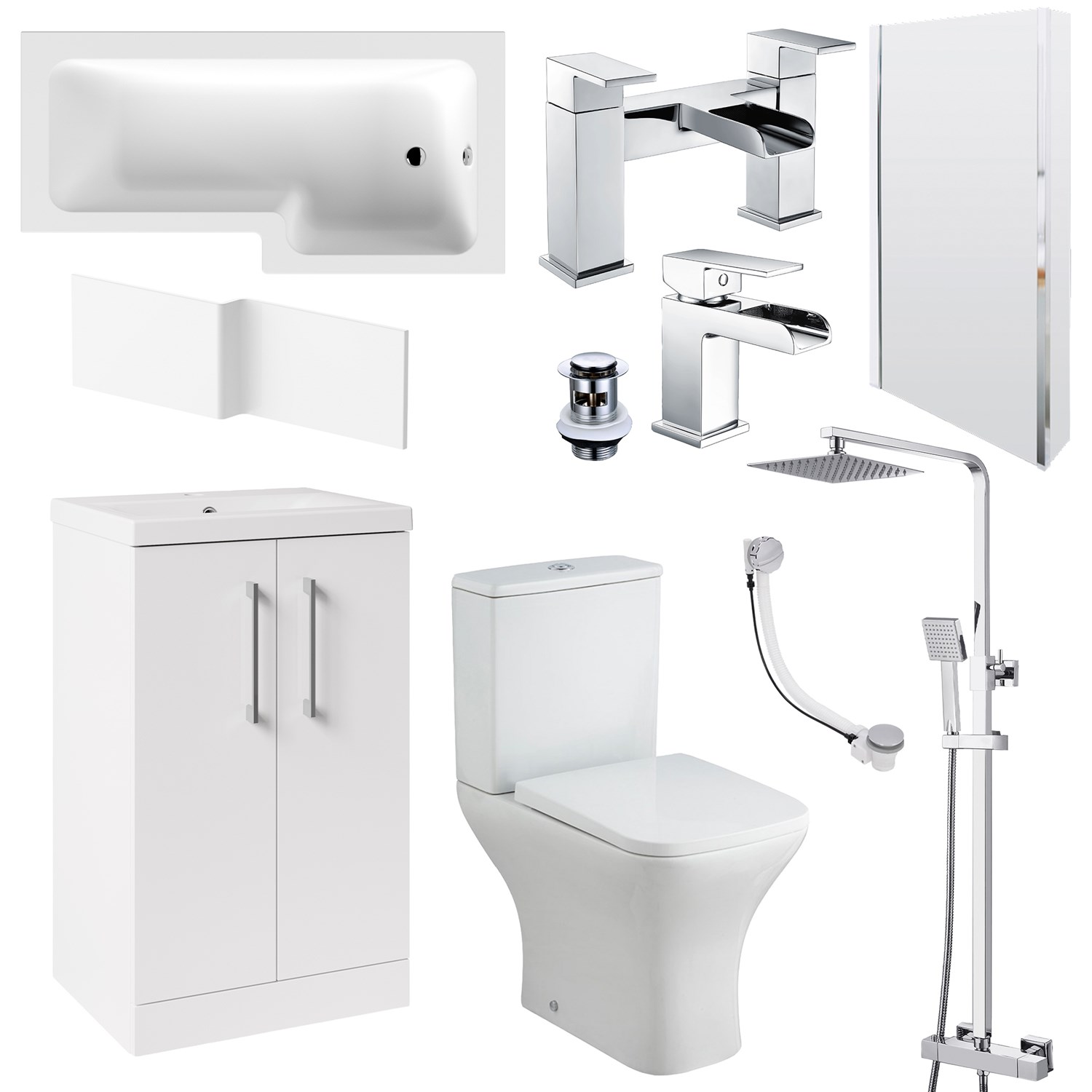 Erin Complete Bathroom Suite with 1700mm L Shaped Shower Bath & Rimless ...