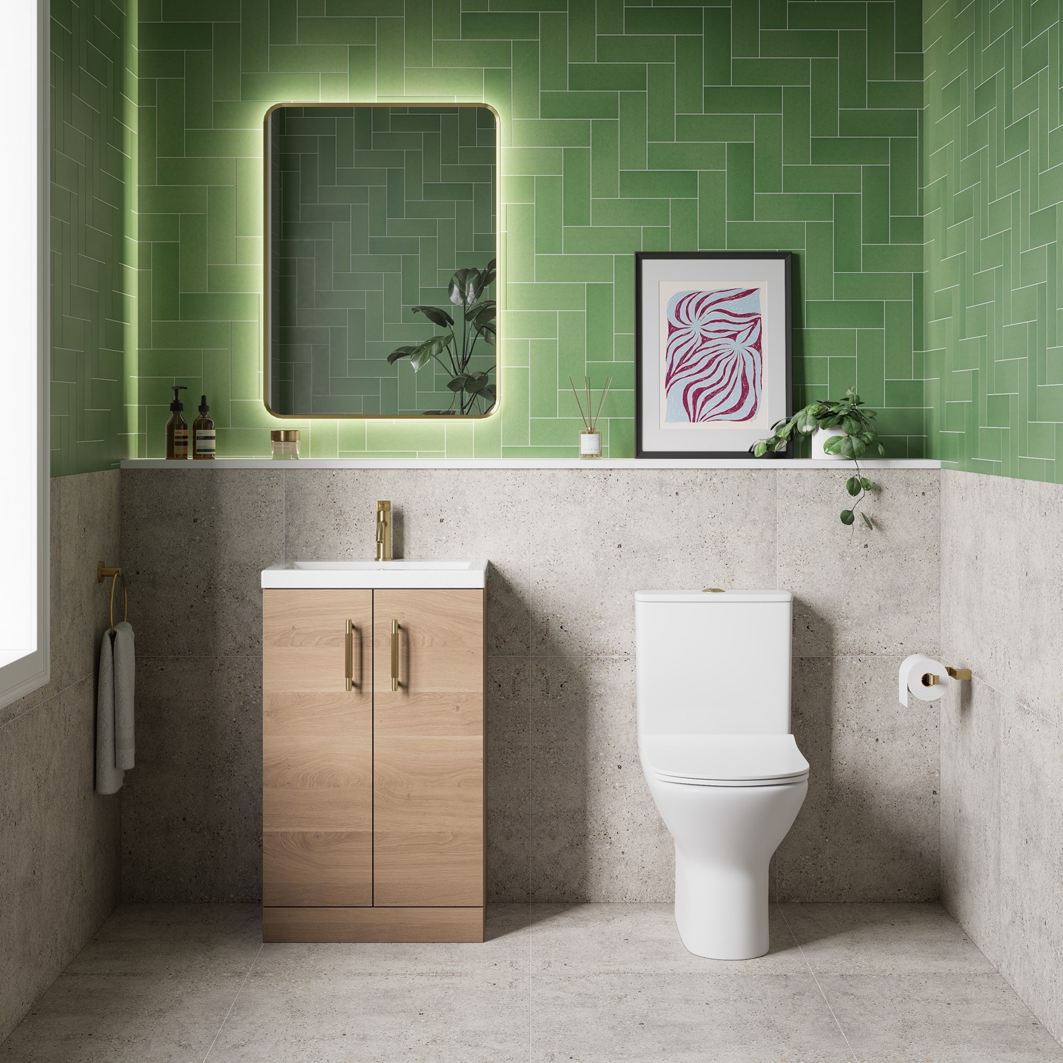 Erin Rimless Toilet & Vanity Unit Bathroom Suite Set with Brushed Brass ...