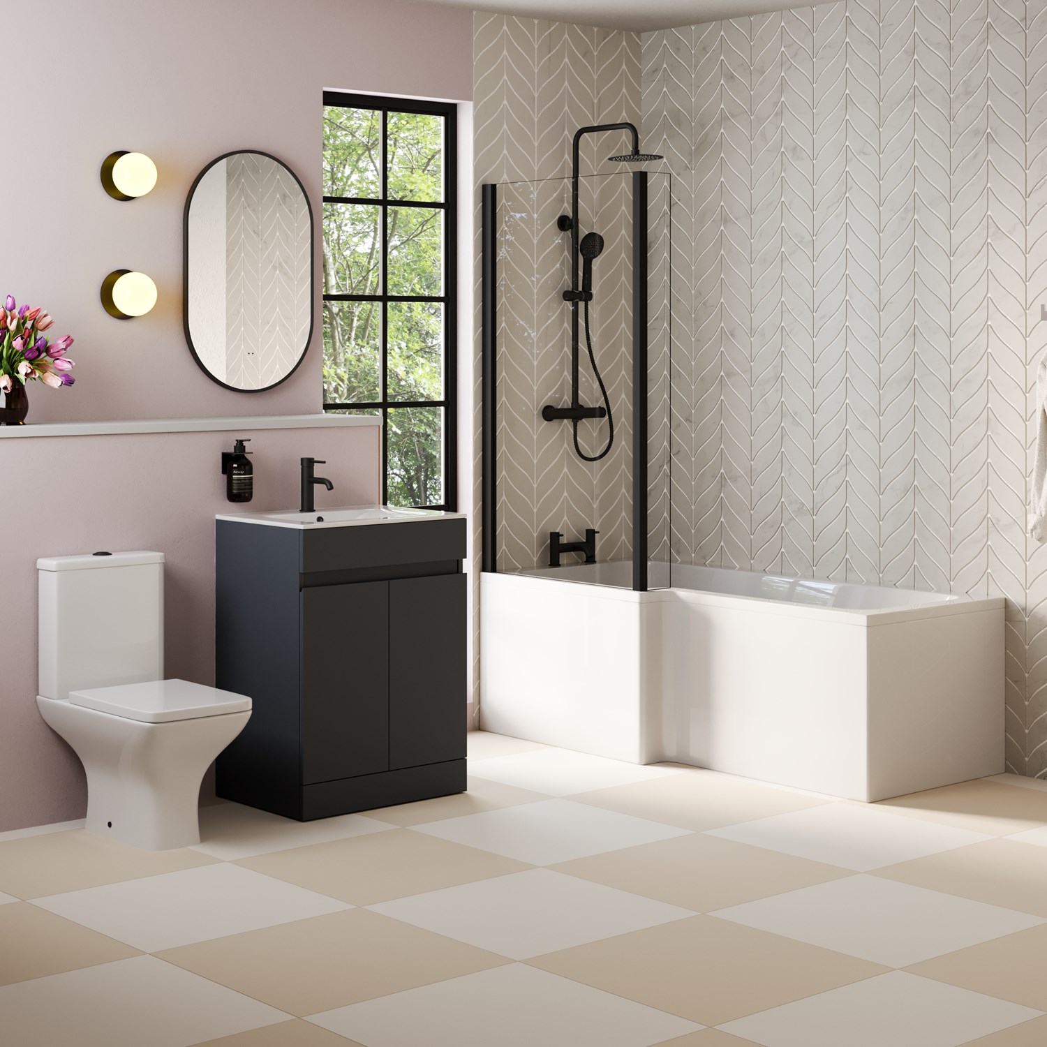 Dylan Complete Matt Black Bathroom Suite with 1700mm L Shaped Shower ...