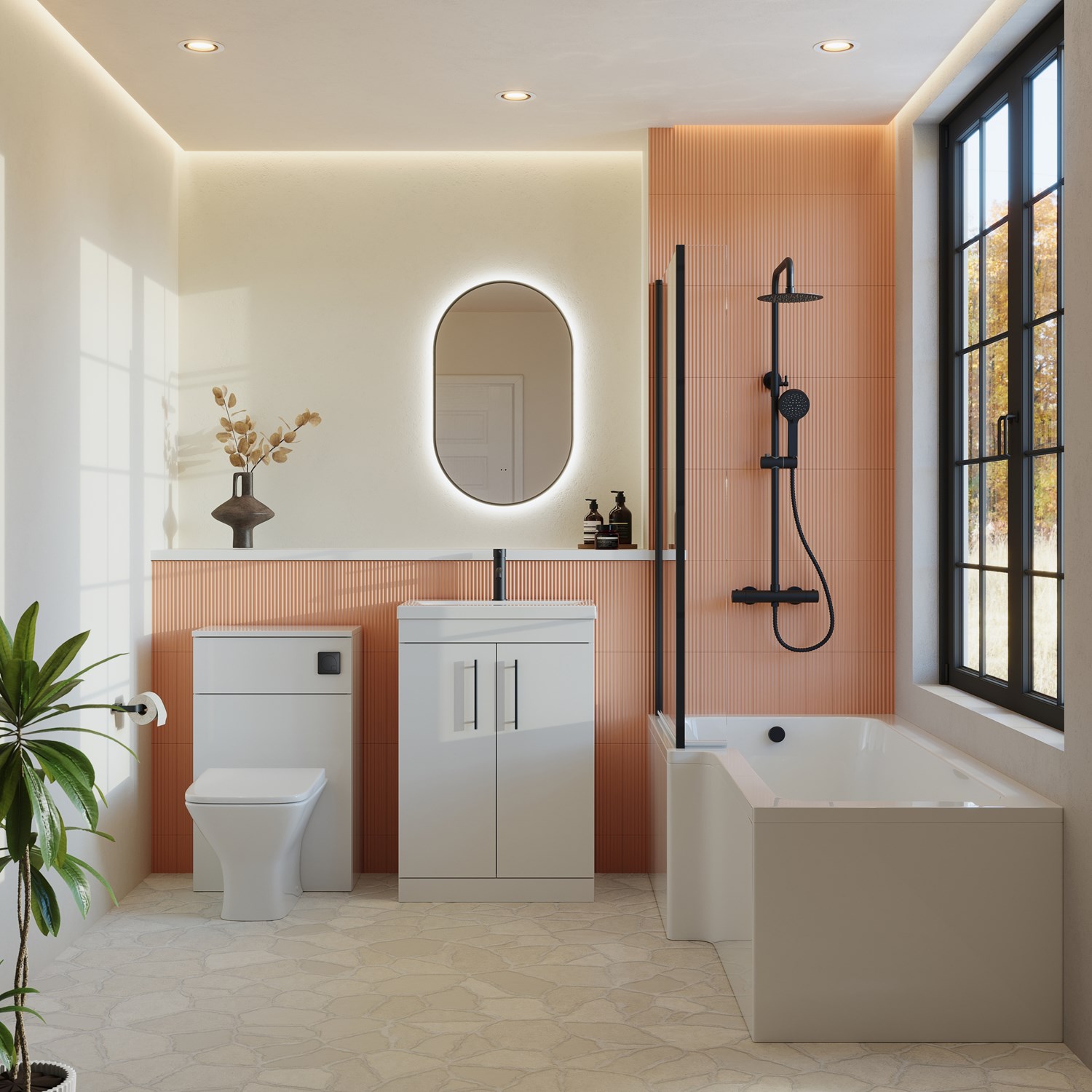Emily Matt Black L Shaped Shower Bath Suite with Rimless Back to Wall ...